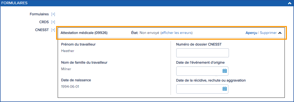 Ajouter un formulaire CNESST à une note clinique