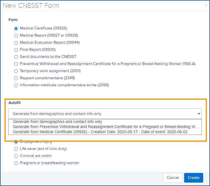 Adding a CNESST Form in a Clinical Note