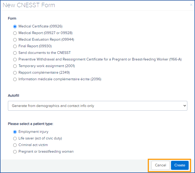 Adding a CNESST Form in a Clinical Note
