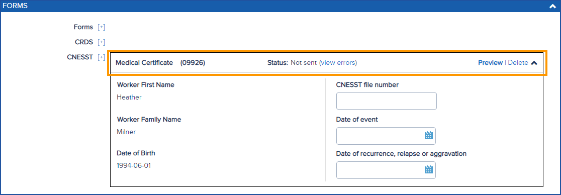 Adding a CNESST Form in a Clinical Note