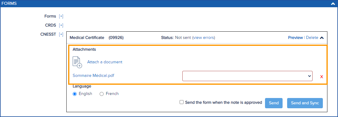 Adding a CNESST Form in a Clinical Note