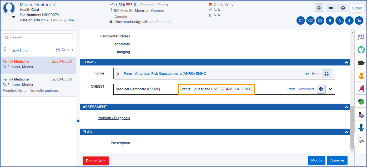 Adding a CNESST Form in a Clinical Note