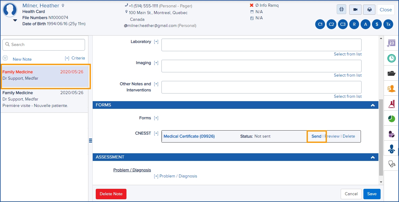 Sending a CNESST Form From a Clinical Note