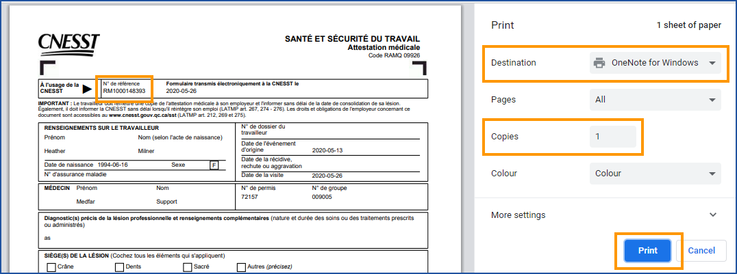 Printing a CNESST Form From a Clinical Note