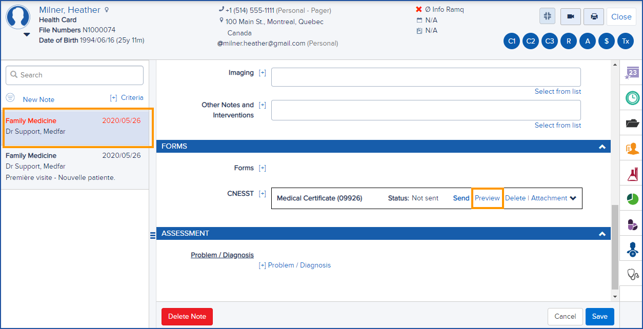 Printing a CNESST Form From a Clinical Note