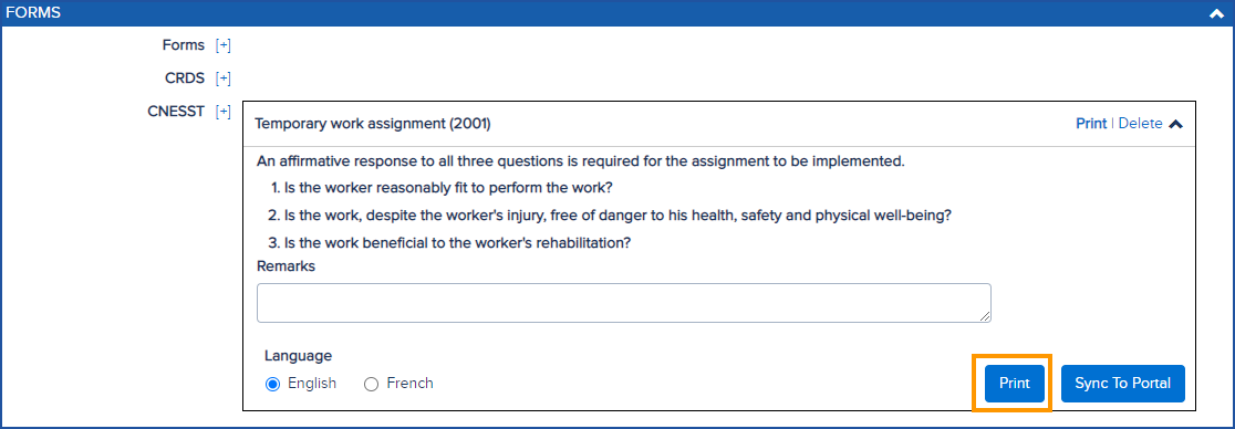 Printing a CNESST Form From a Clinical Note