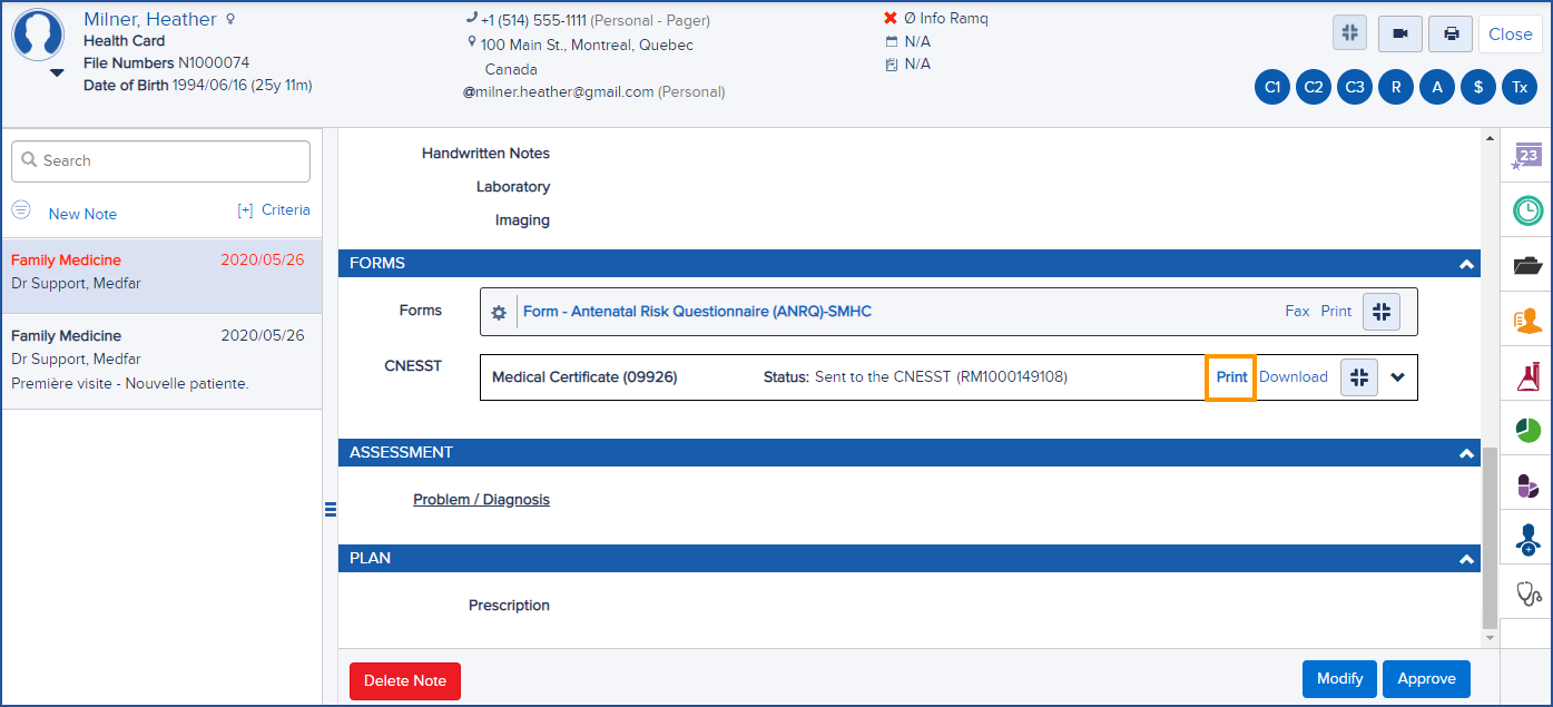 Printing a CNESST Form From a Clinical Note