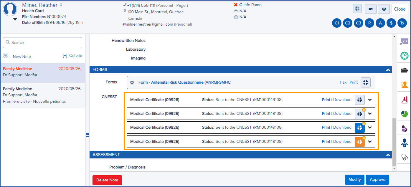 Sharing a CNESST Form to a Patient's Portal Account From a Clinical Note
