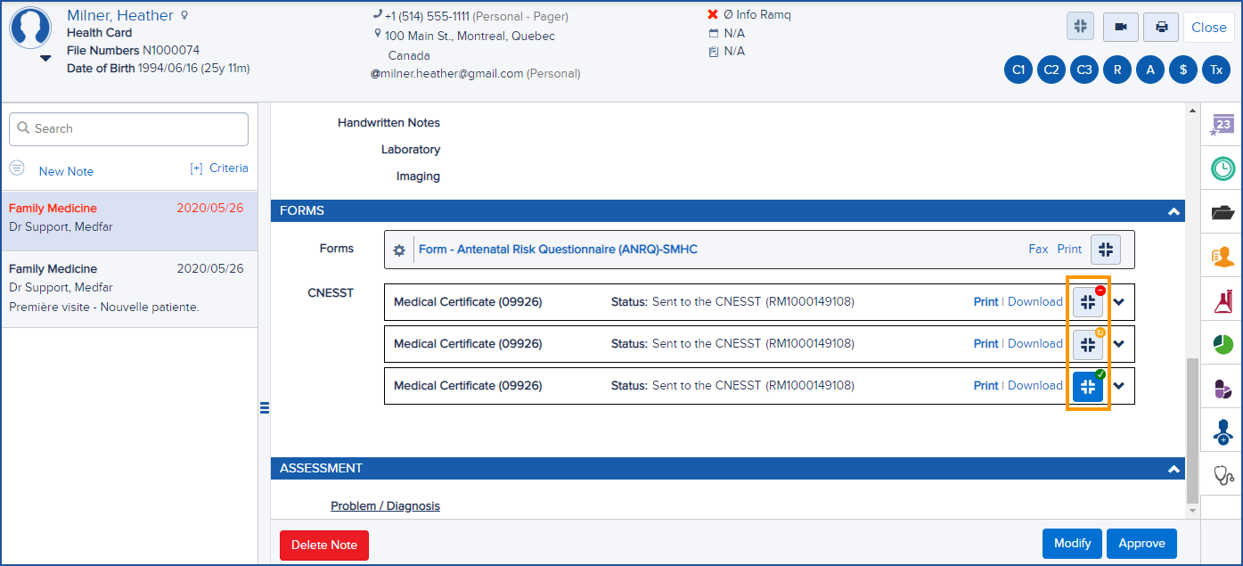 Sharing a CNESST Form to a Patient's Portal Account From a Clinical Note