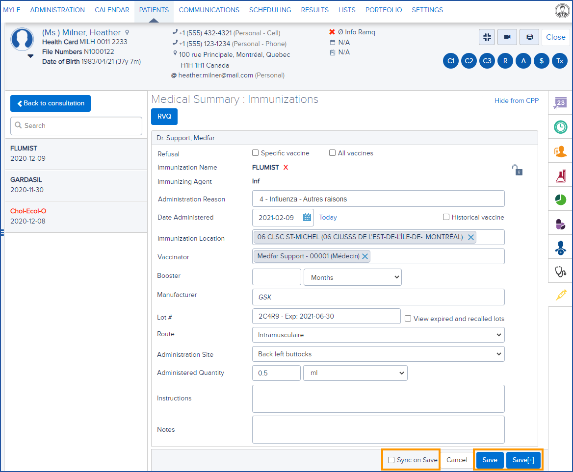 Continued | Adding an Immunization in MYLE and in RVQ