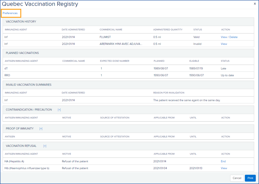 Managing the Quebec Vaccination Registry window