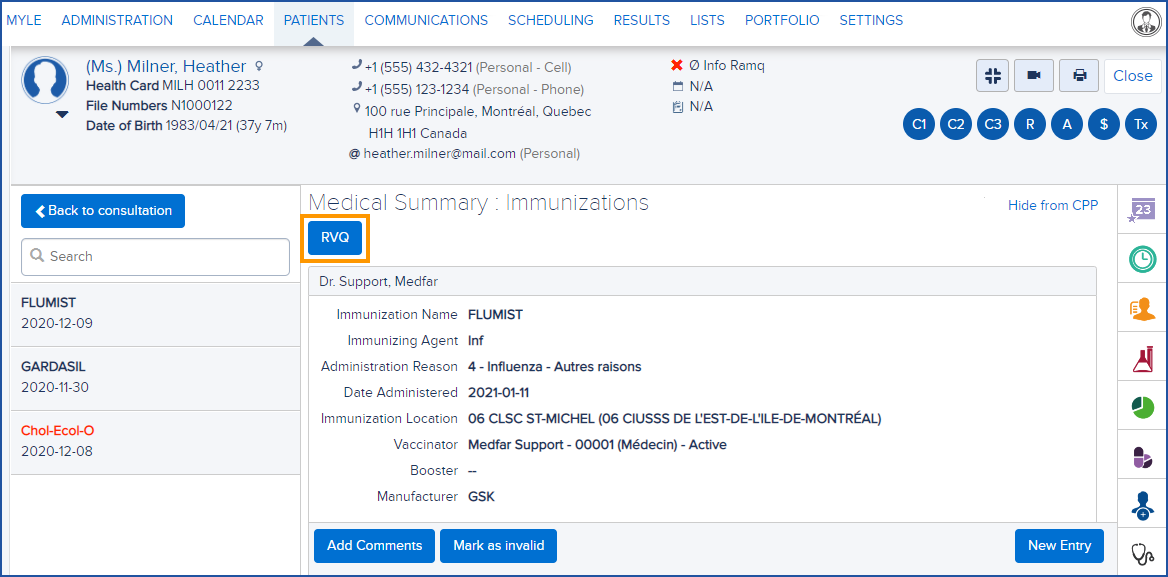Managing the Quebec Vaccination Registry window