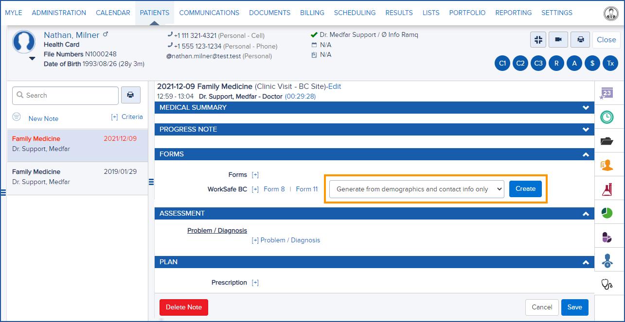 Adding a WSBC Form to a MYLE Clinical Note