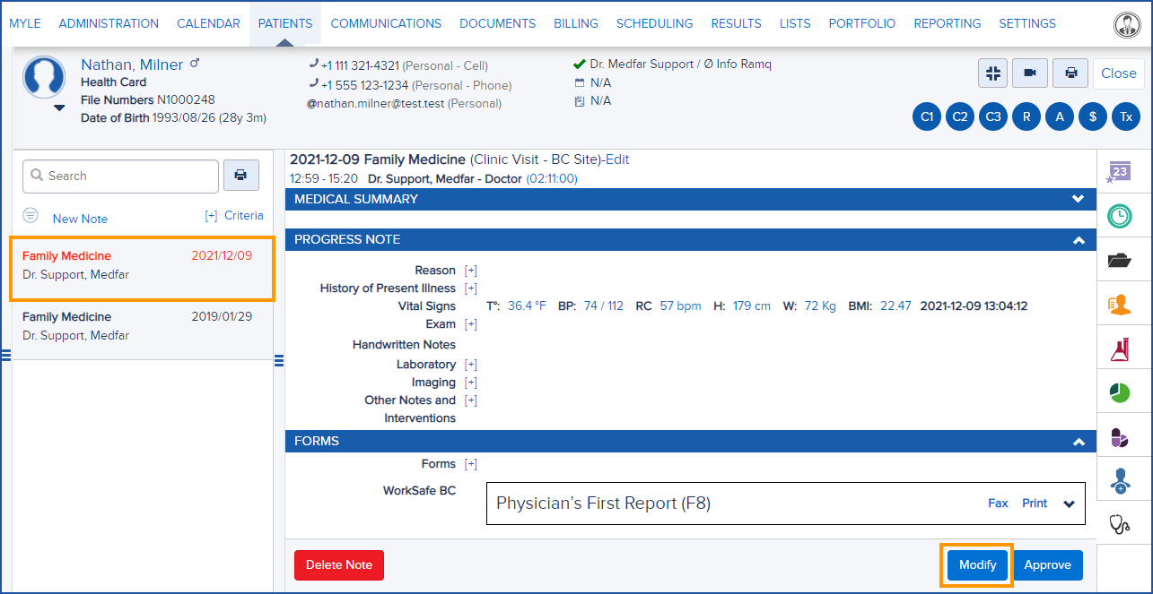 Updating a WSBC Form in a MYLE Clinical Note