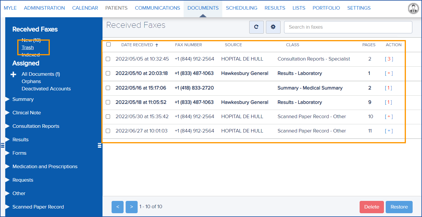 Managing a fax received at the clinic from the Documents tab